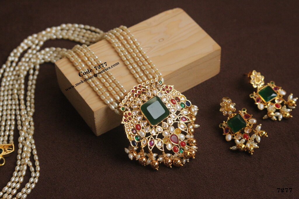 Navarathan pendant set with rice pearl chain – Moksha Accessories