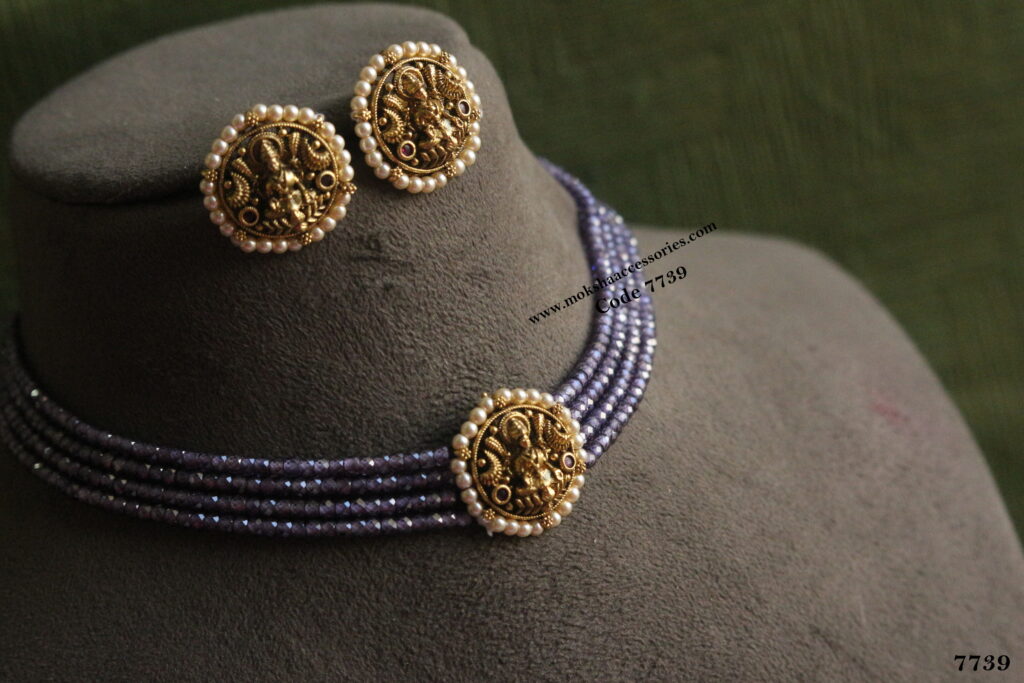 Lakshmi devi choker set with real cz purple beads – Moksha Accessories