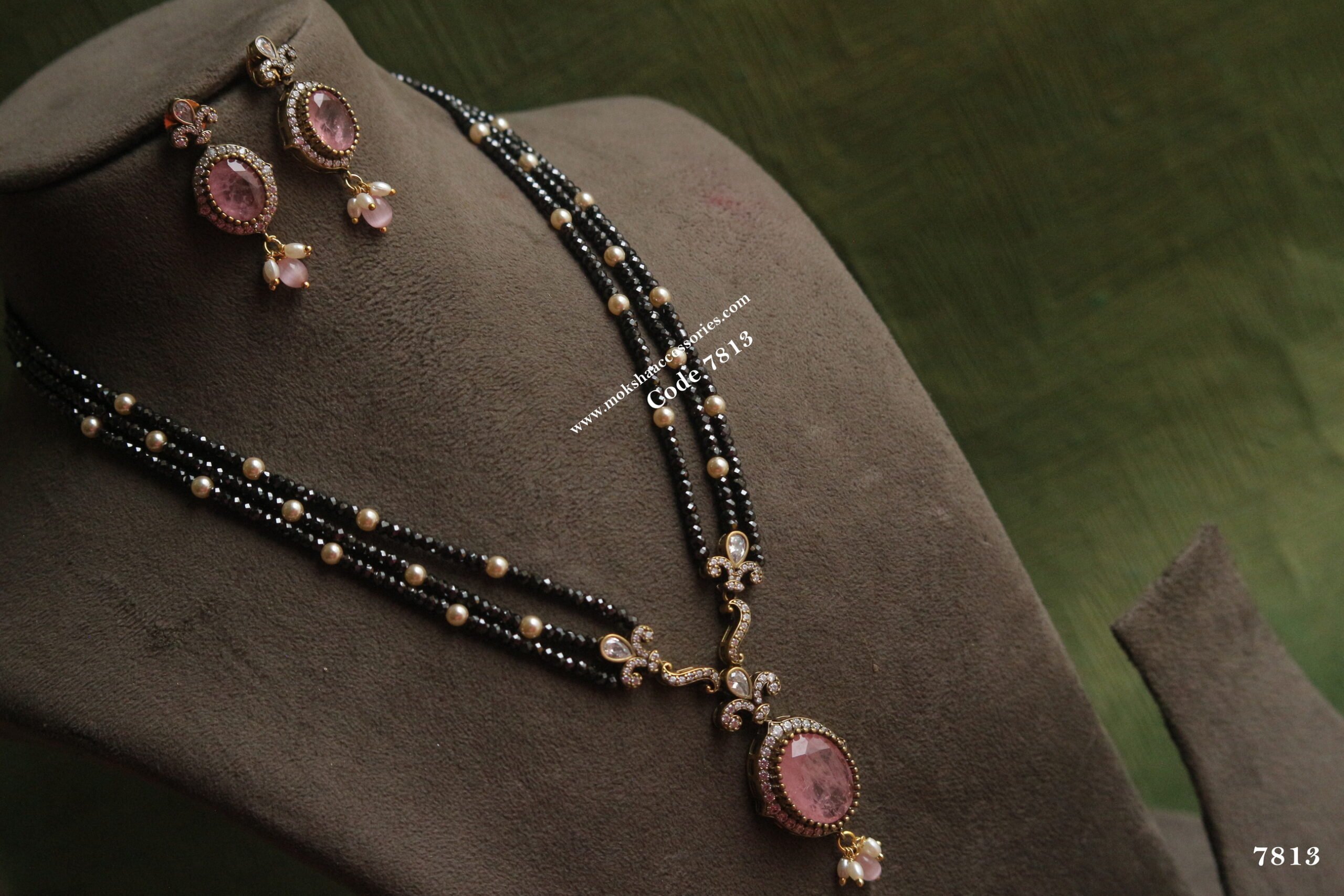 CZ pink natural stone pendant set with real cz black beads and sarvoski ...