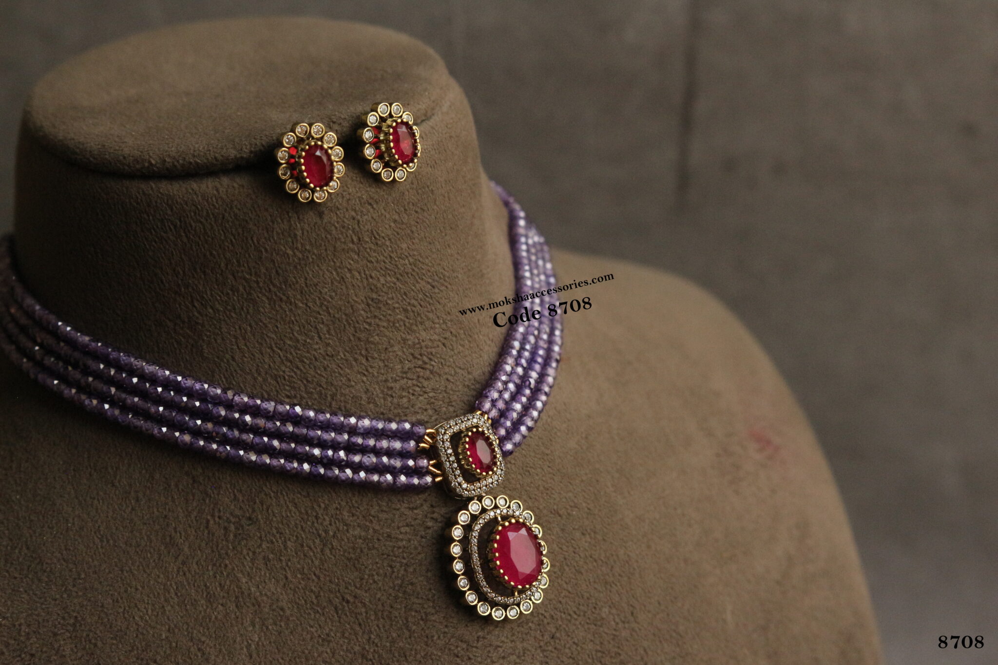 CZ pink color stone pendant set with real cz purple beads – Moksha ...